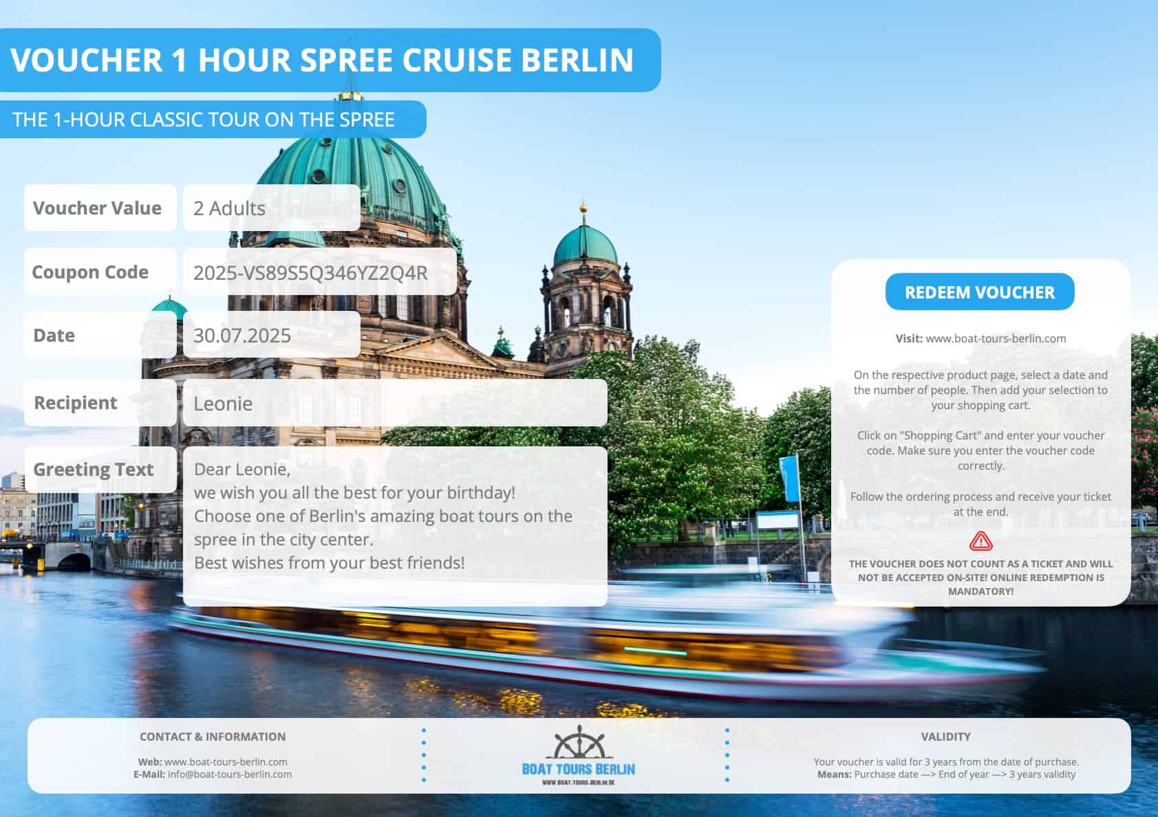 Gift Voucher 1H Spree Cruise Berlin | Boat Tours Berlin